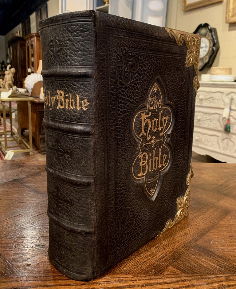 19th Century English Leather Bound and Brass Locks Family Holy Bible at ...