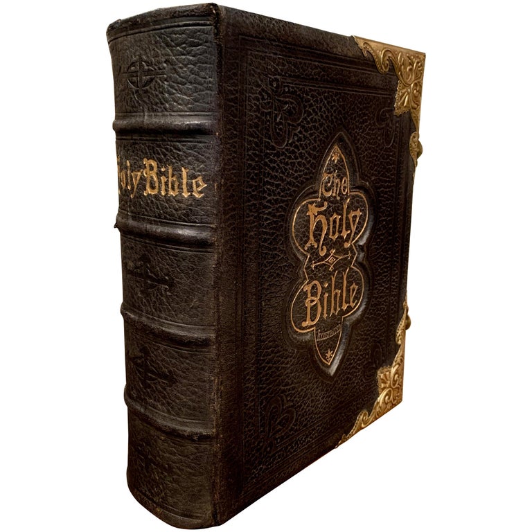 19th Century English Leather Bound and Brass Locks Family Holy Bible at ...