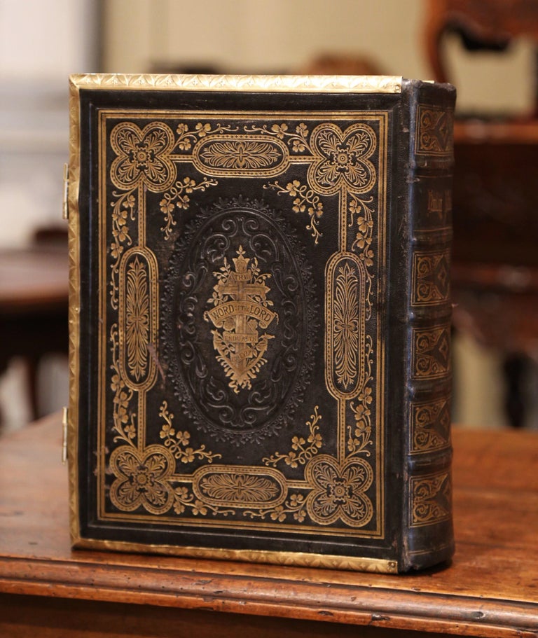 19th Century English Leather Bound Holy Bible with Gilt Tooling and ...