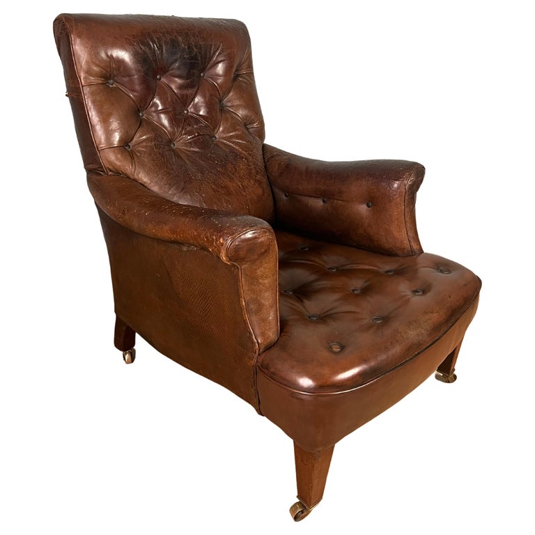 19th Century English Leather Deep Buttoned Easy “Howard” Style Armchair ...