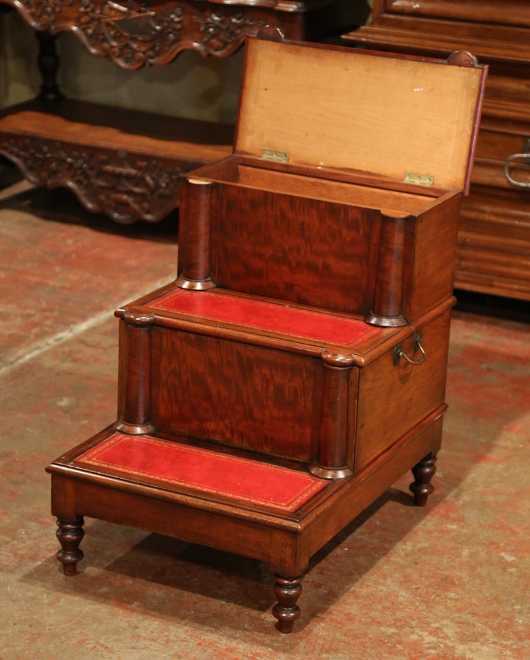 19th Century English Mahogany and Red Leather Library Step Ladder with ...
