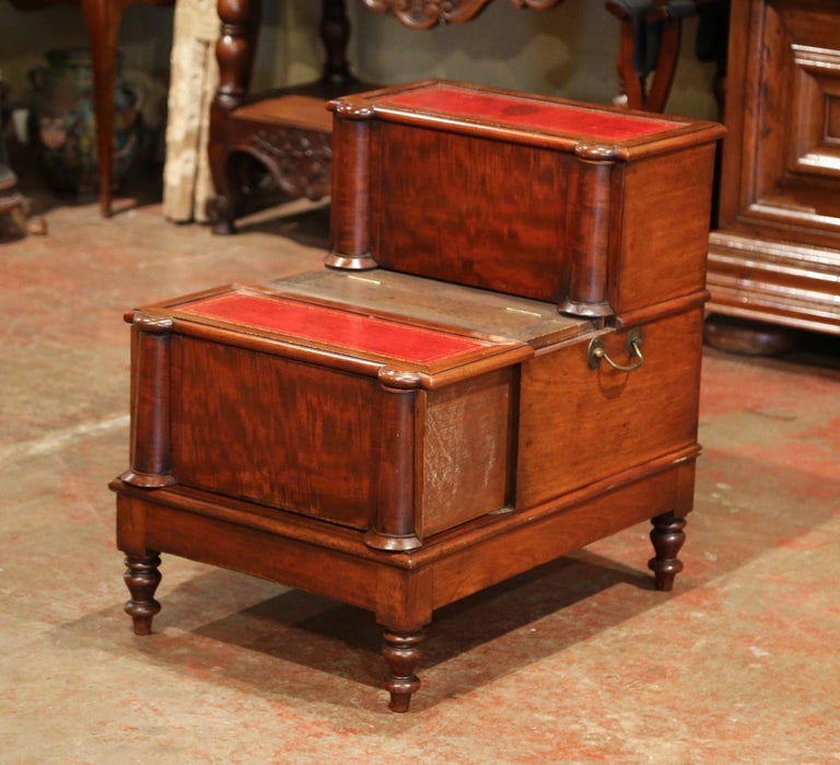 19th Century English Mahogany and Red Leather Library Step Ladder with ...