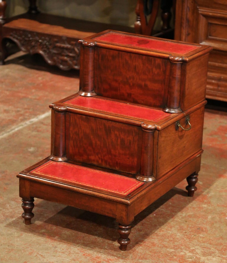 19th Century English Mahogany and Red Leather Library Step Ladder with ...
