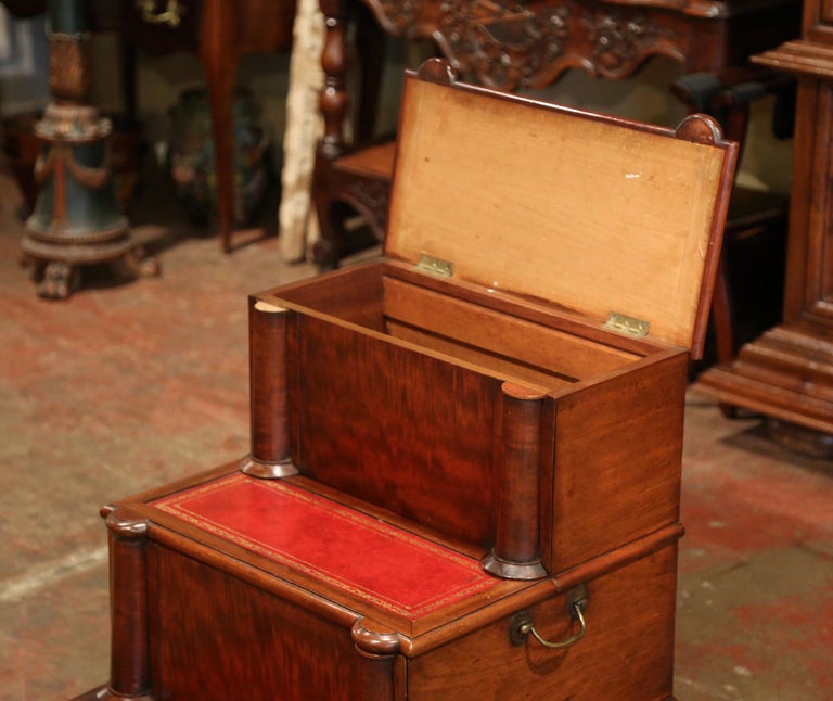 19th Century English Mahogany and Red Leather Library Step Ladder with ...