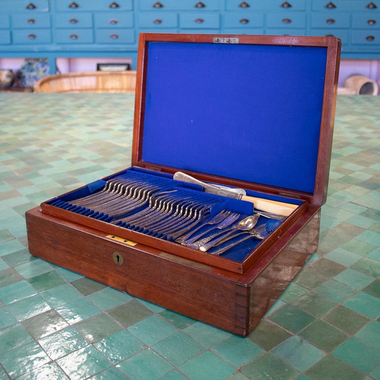 19th Century English Mahogany Box Cutlery Set W/ Initials and Bronze ...