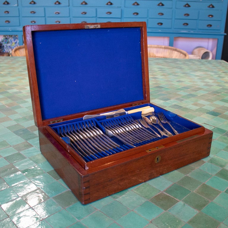 19th Century English Mahogany Box Cutlery Set W/ Initials and Bronze ...