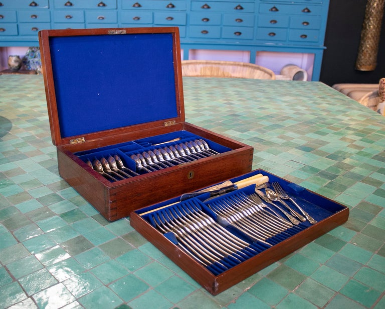 19th Century English Mahogany Box Cutlery Set W/ Initials and Bronze ...