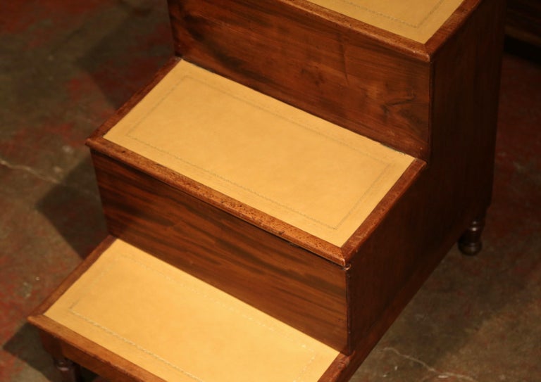 19th Century English Mahogany and Leather Library Step Ladder with ...