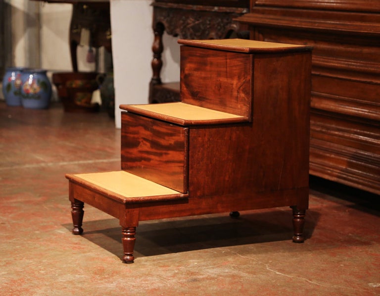 19th Century English Mahogany and Leather Library Step Ladder with ...