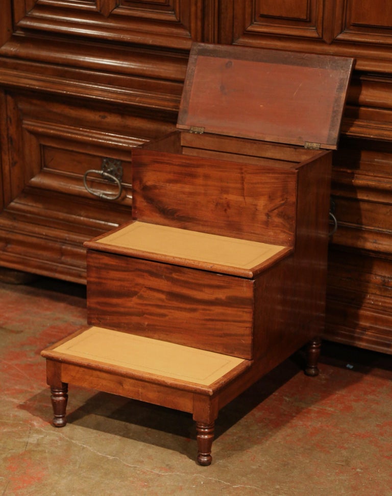 19th Century English Mahogany and Leather Library Step Ladder with ...