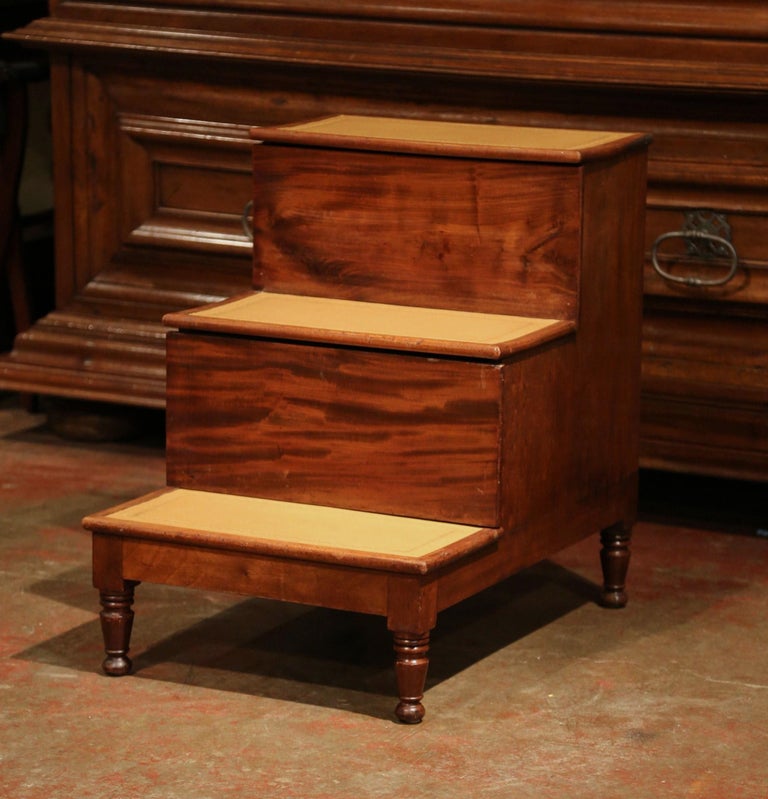 19th Century English Mahogany and Leather Library Step Ladder with ...