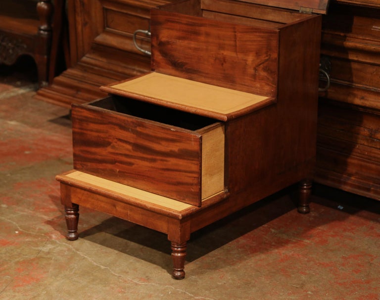 19th Century English Mahogany and Leather Library Step Ladder with ...