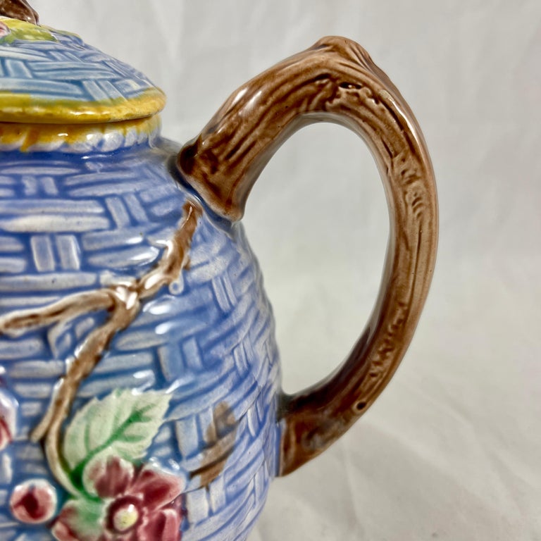 19th Century English Majolica Blue Basketweave and Wild Rose Teapot For ...