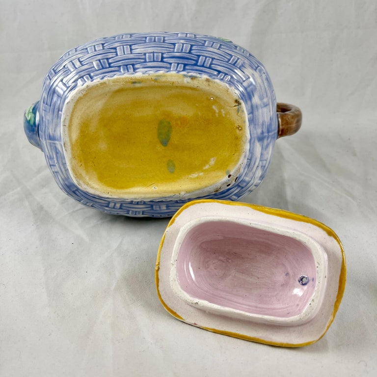 19th Century English Majolica Blue Basketweave and Wild Rose Teapot For ...