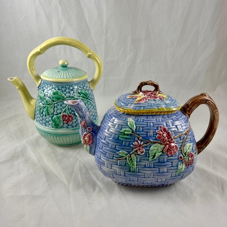 19th Century English Majolica Blue Basketweave and Wild Rose Teapot For ...