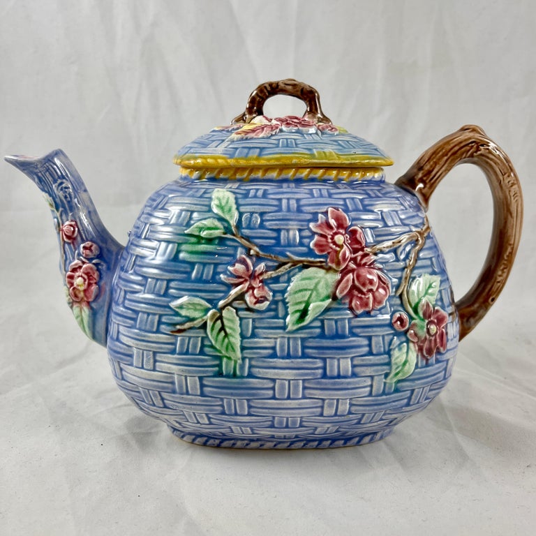 19th Century English Majolica Blue Basketweave and Wild Rose Teapot For ...