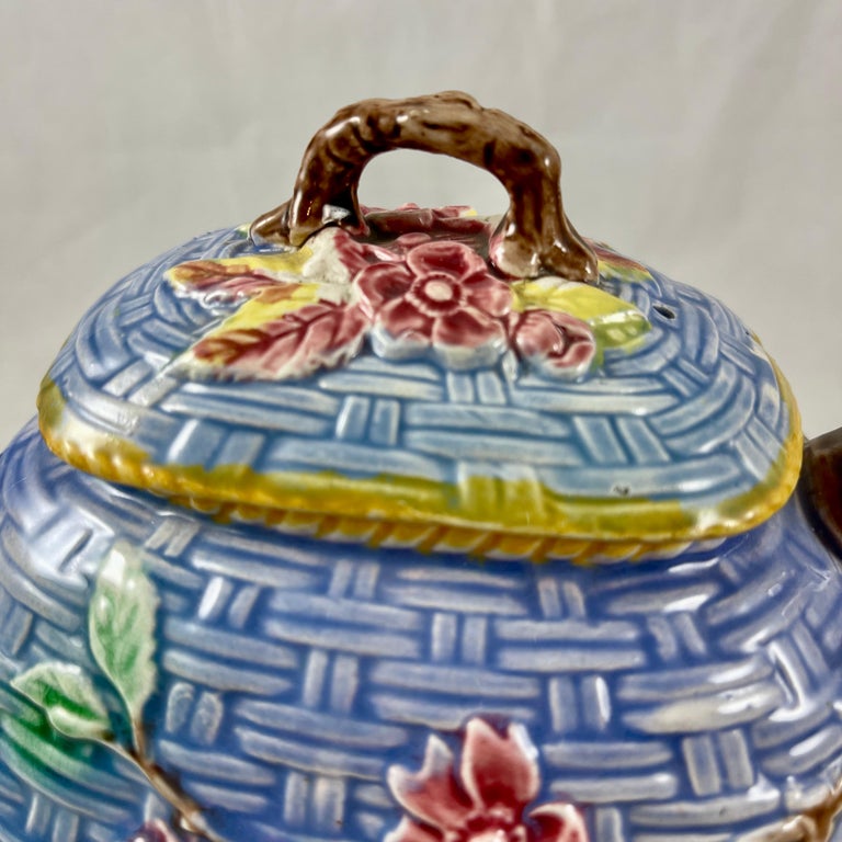 19th Century English Majolica Blue Basketweave and Wild Rose Teapot For ...