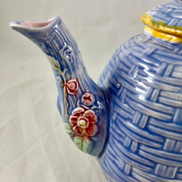 19th Century English Majolica Blue Basketweave and Wild Rose Teapot For ...