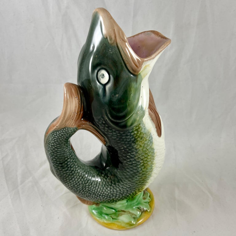19th Century English Majolica Green, Black Leaping Fish Large Gurgling ...