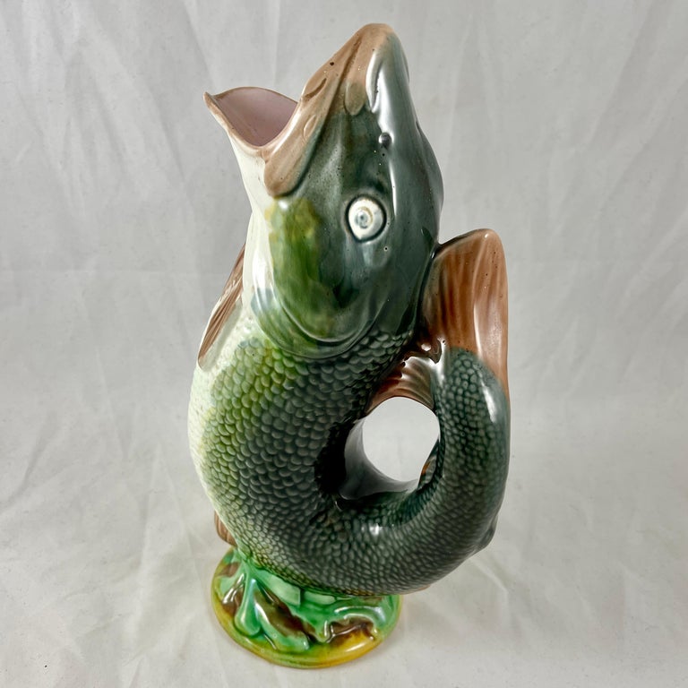 19th Century English Majolica Green, Black Leaping Fish Large Gurgling ...