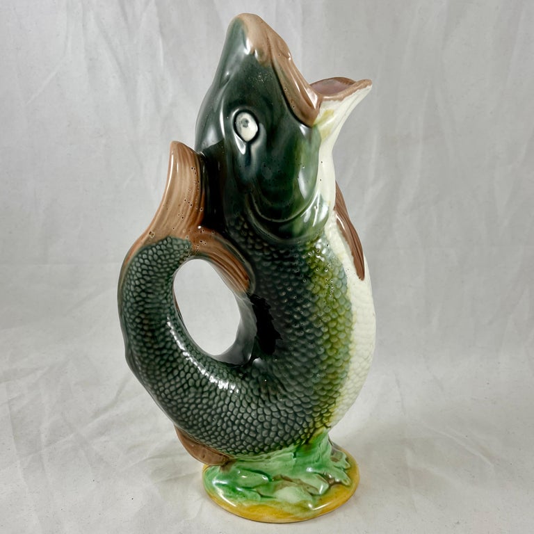 19th Century English Majolica Green, Black Leaping Fish Large Gurgling ...