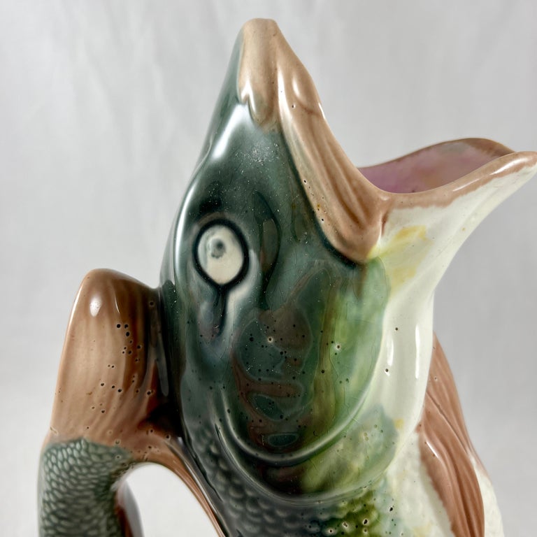 19th Century English Majolica Green, Black Leaping Fish Large Gurgling ...