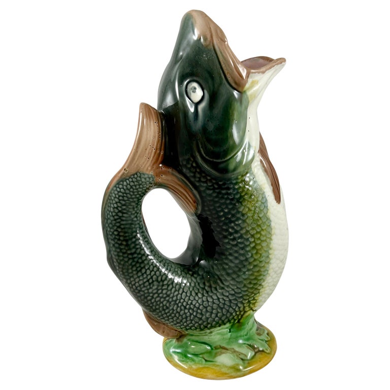 19th Century English Majolica Green, Black Leaping Fish Large Gurgling ...