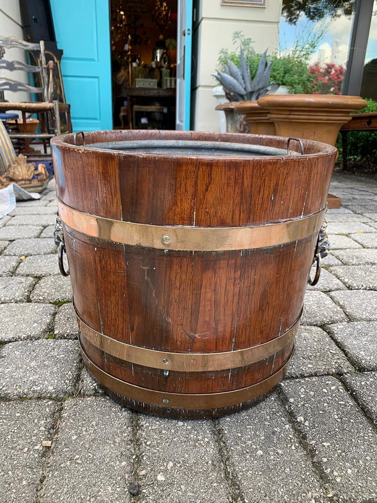 19th Century English Oak Bucket with Brass Lion Pulls, Marked R.A ...