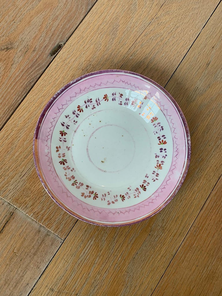 19th Century English Pink Floral Lusterware Round Porcelain Plate ...