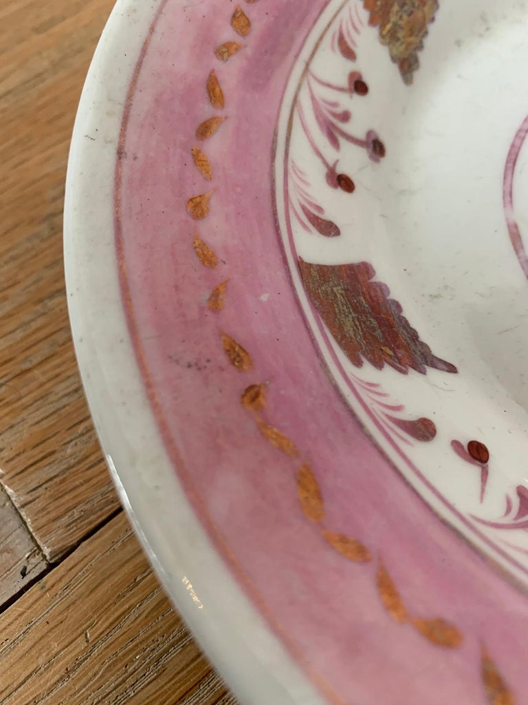 19th Century English Pink Floral Lusterware Round Porcelain Plate ...