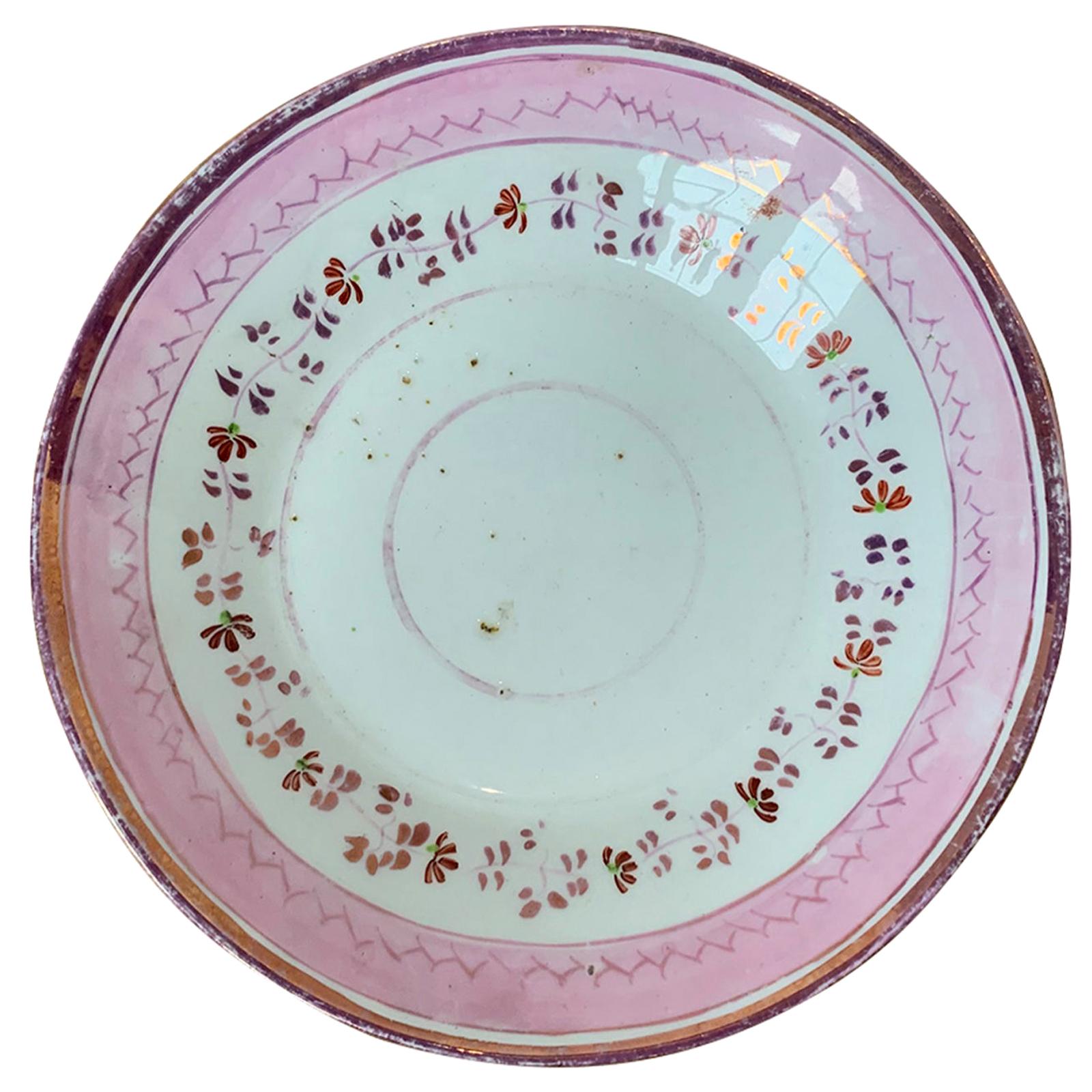 19th Century English Pink Floral Lusterware Round Porcelain Plate ...