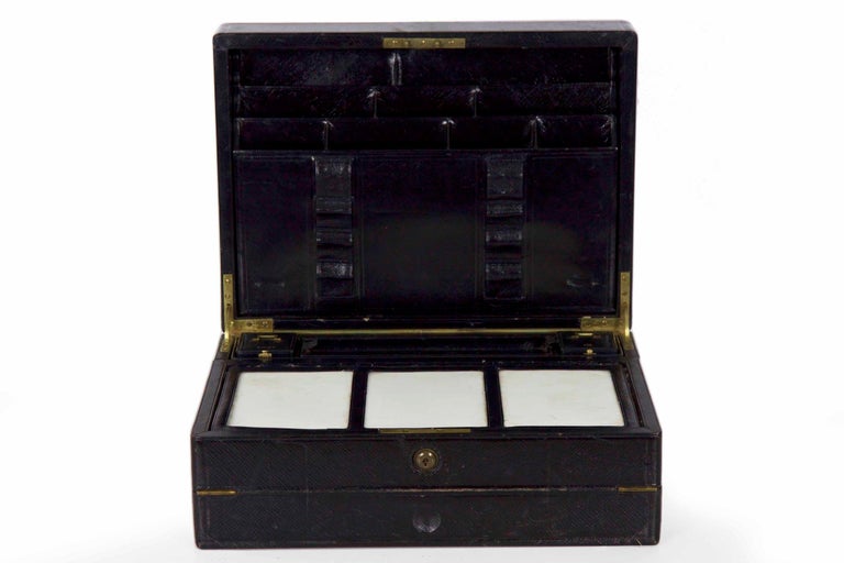 19th Century English Regency Antique Black Leather Writing Box with ...