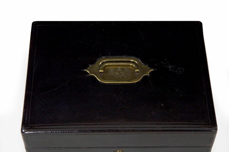19th Century English Regency Antique Black Leather Writing Box with ...