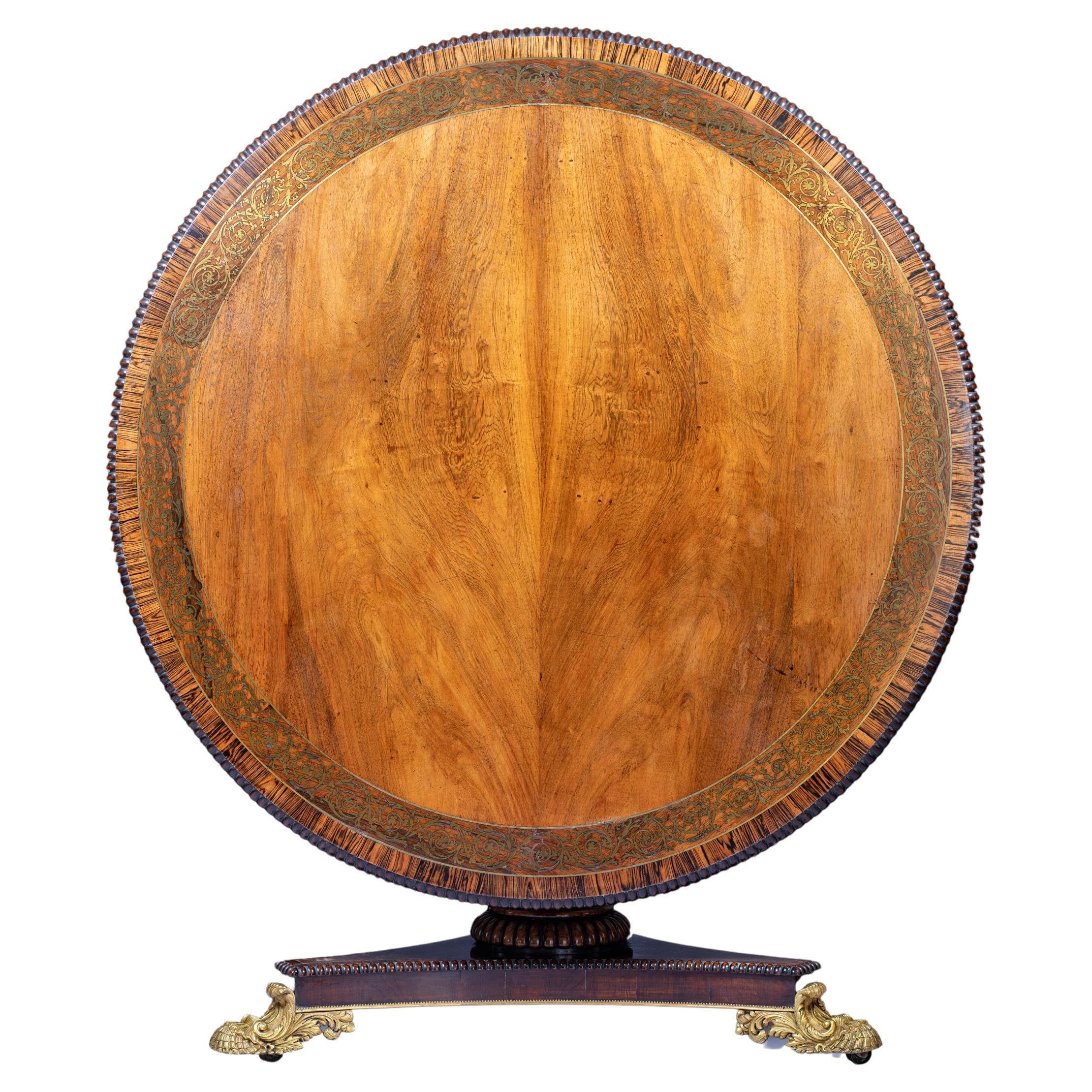 19th Century English Regency Flame Mahogany Brass Inlaid Drum Table For ...