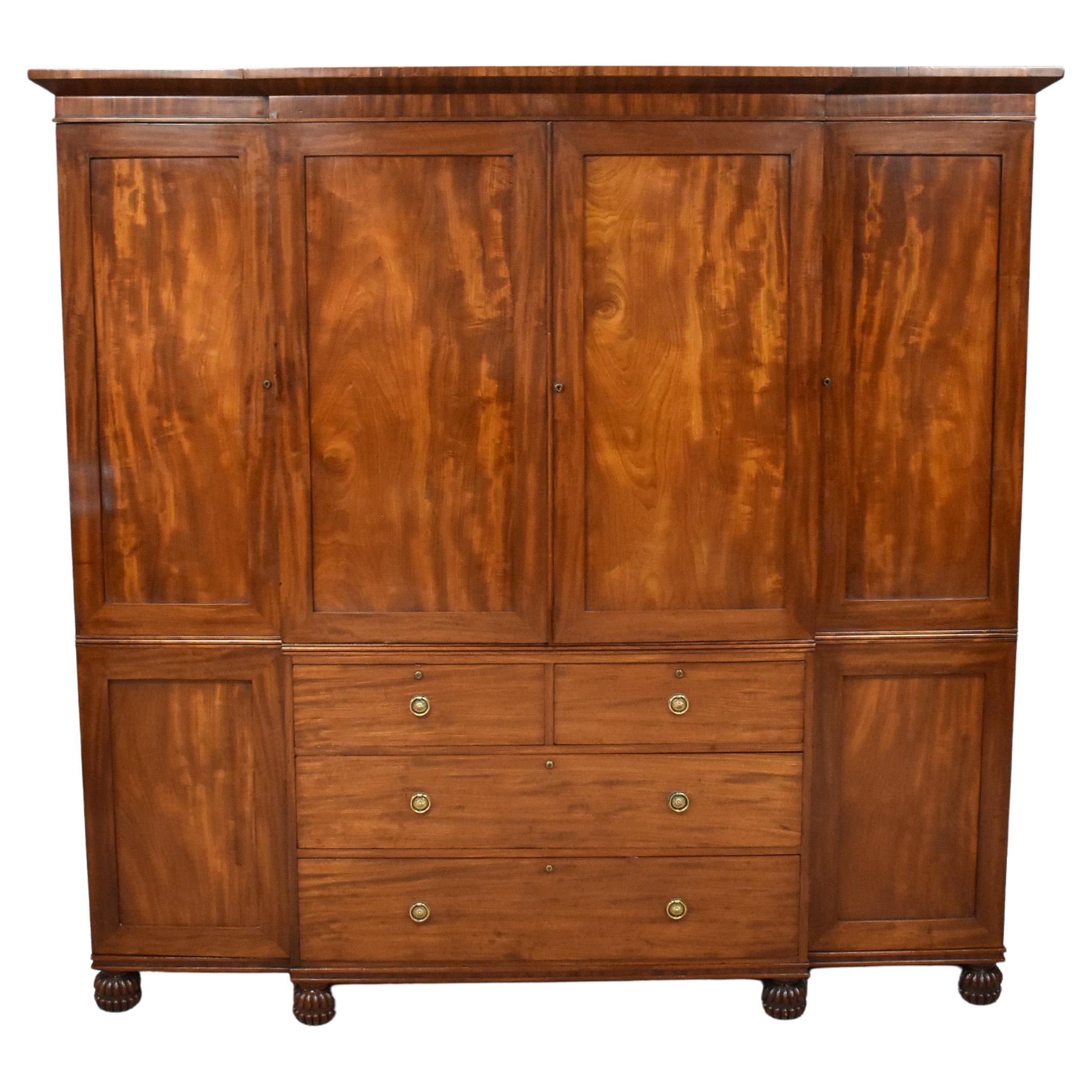 Sheraton Revival Mahogany Inlaid Breakfront Wardrobe at 1stDibs