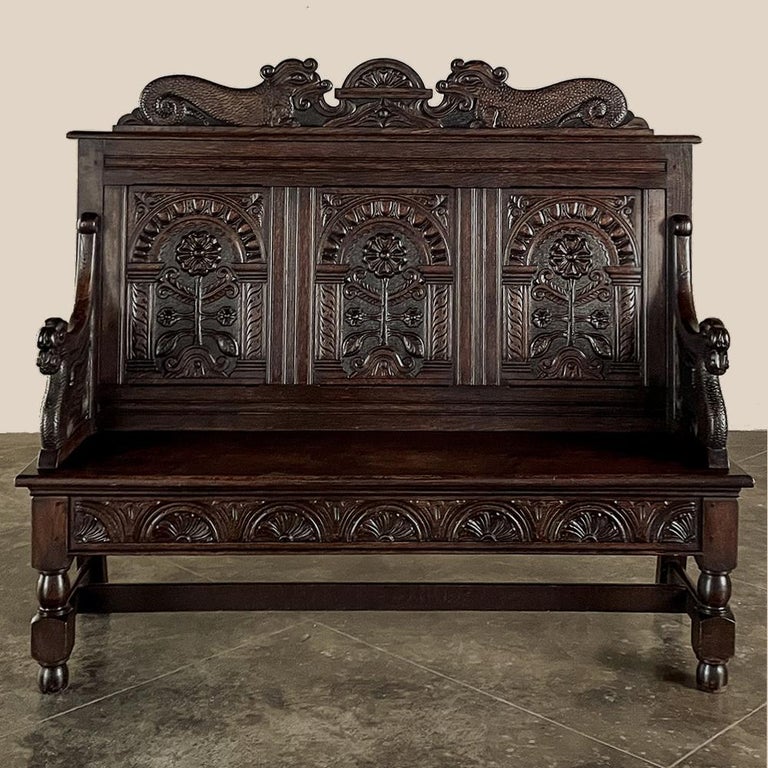 19th Century English Renaissance Carved Hall Bench by Baker of Somerset ...