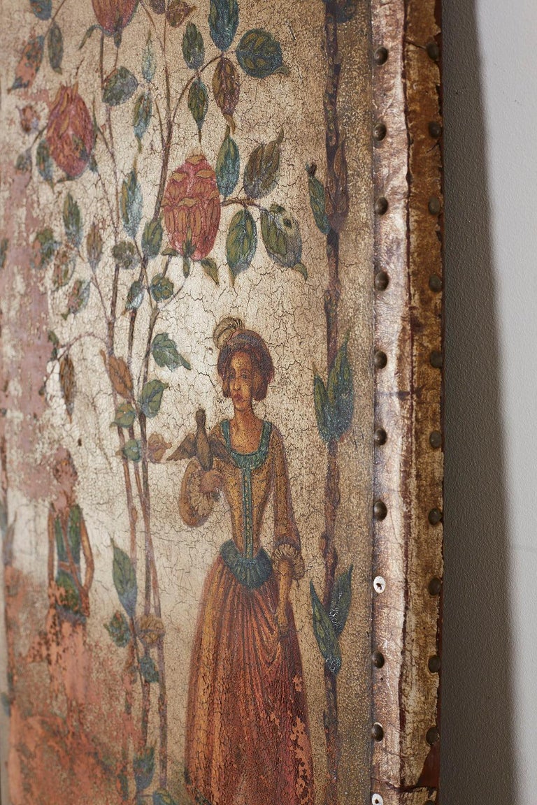 19th Century English Renaissance Revival Leather Painted Screen at 1stDibs