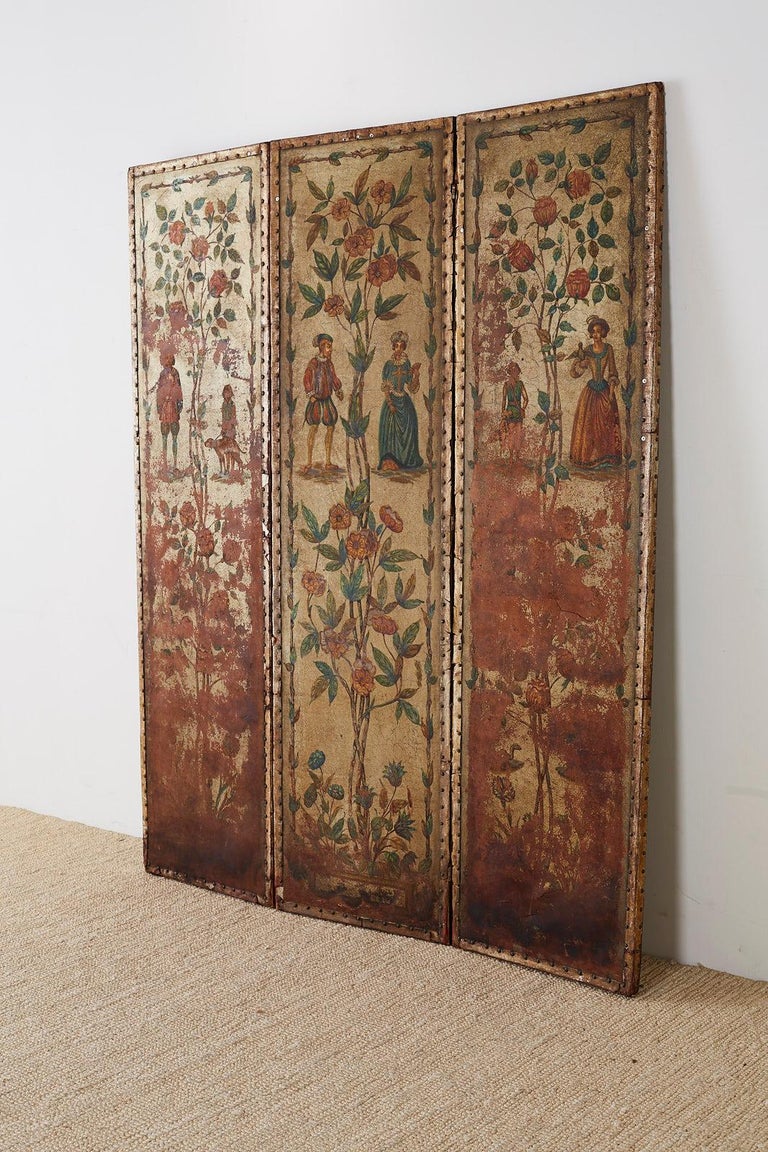 19th Century English Renaissance Revival Leather Painted Screen at 1stDibs