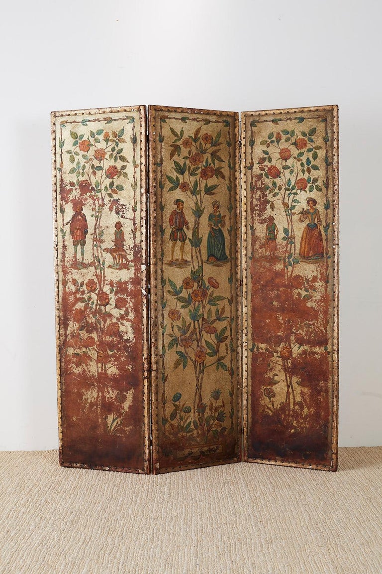19th Century English Renaissance Revival Leather Painted Screen at 1stDibs