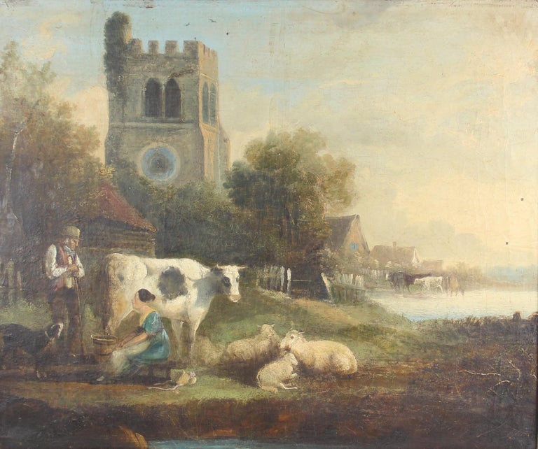 19th Century English School - Early Victorian Oil Painting Cow Milking ...