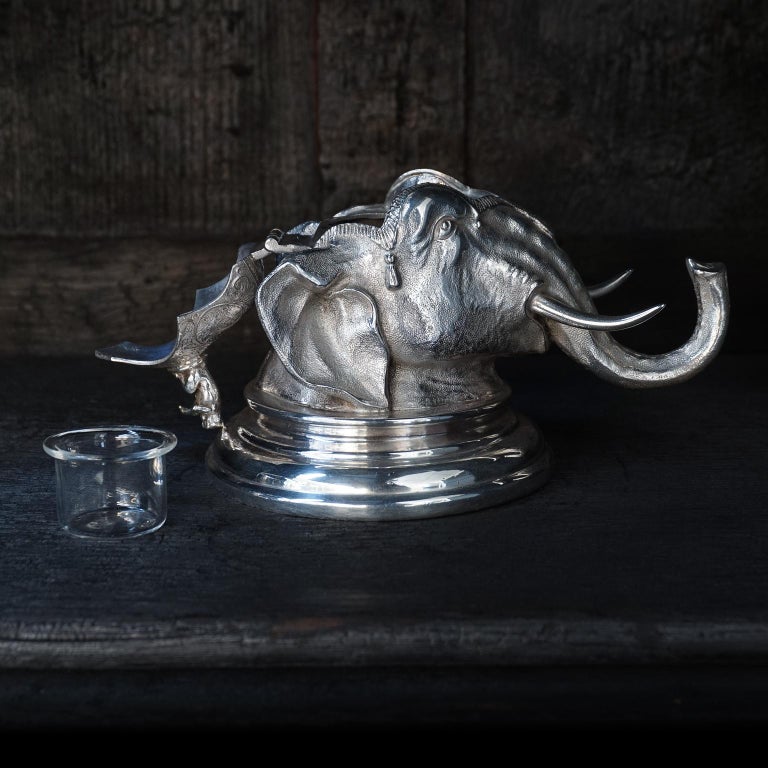 19th Century English Silver Plated Elephant Inkwell with Little Monkey ...