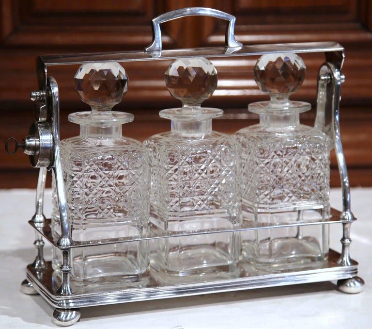 19th Century English Silver Plated Three-Carafe Bar Tantalus with Lock ...