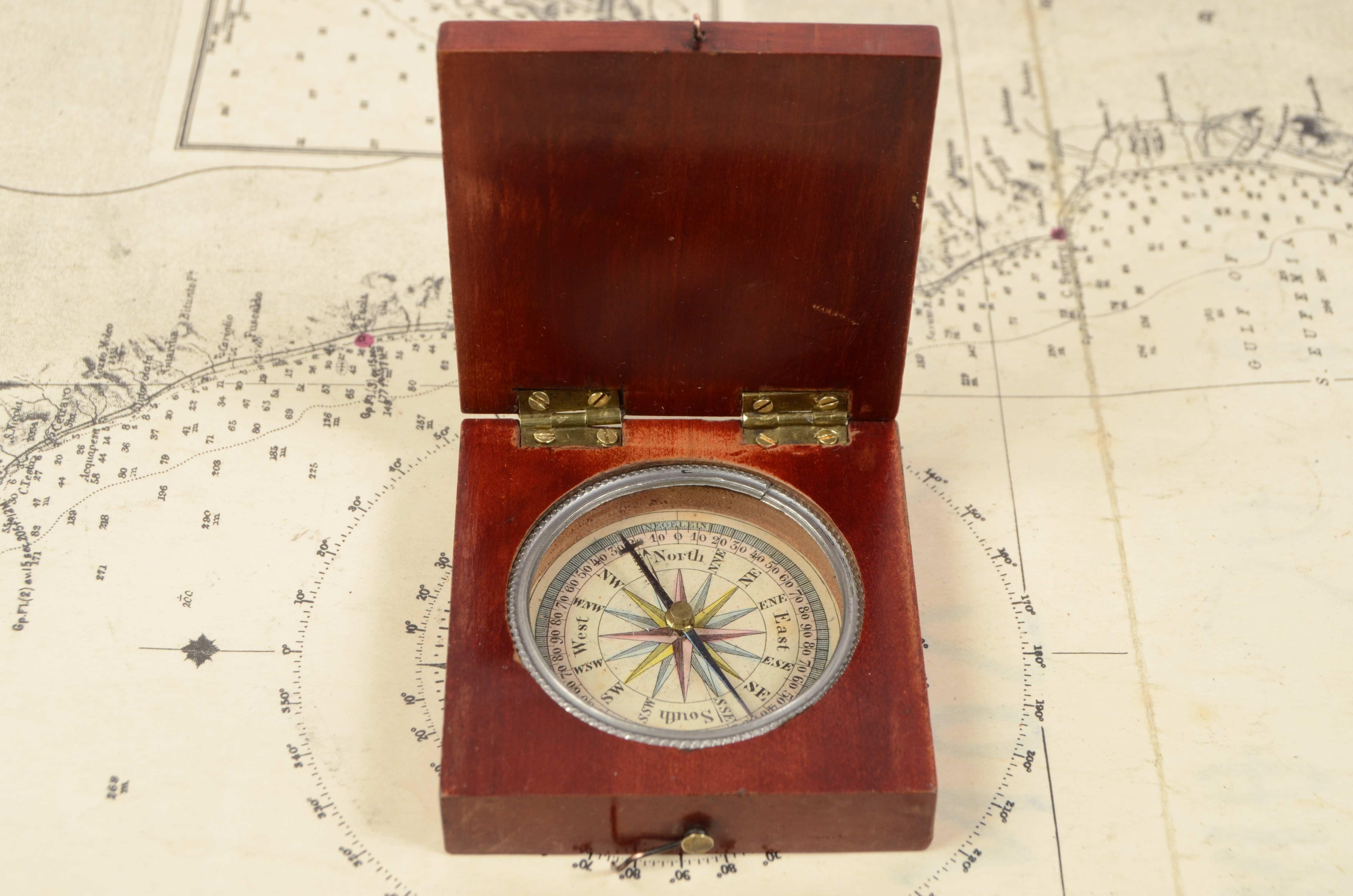 19th Century English Small Wood Pocket Travel Compass Card with 16 ...