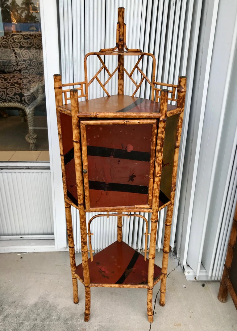 19th Century English " Tortoise Shell " Bamboo Corner Cabinet / Etagere ...