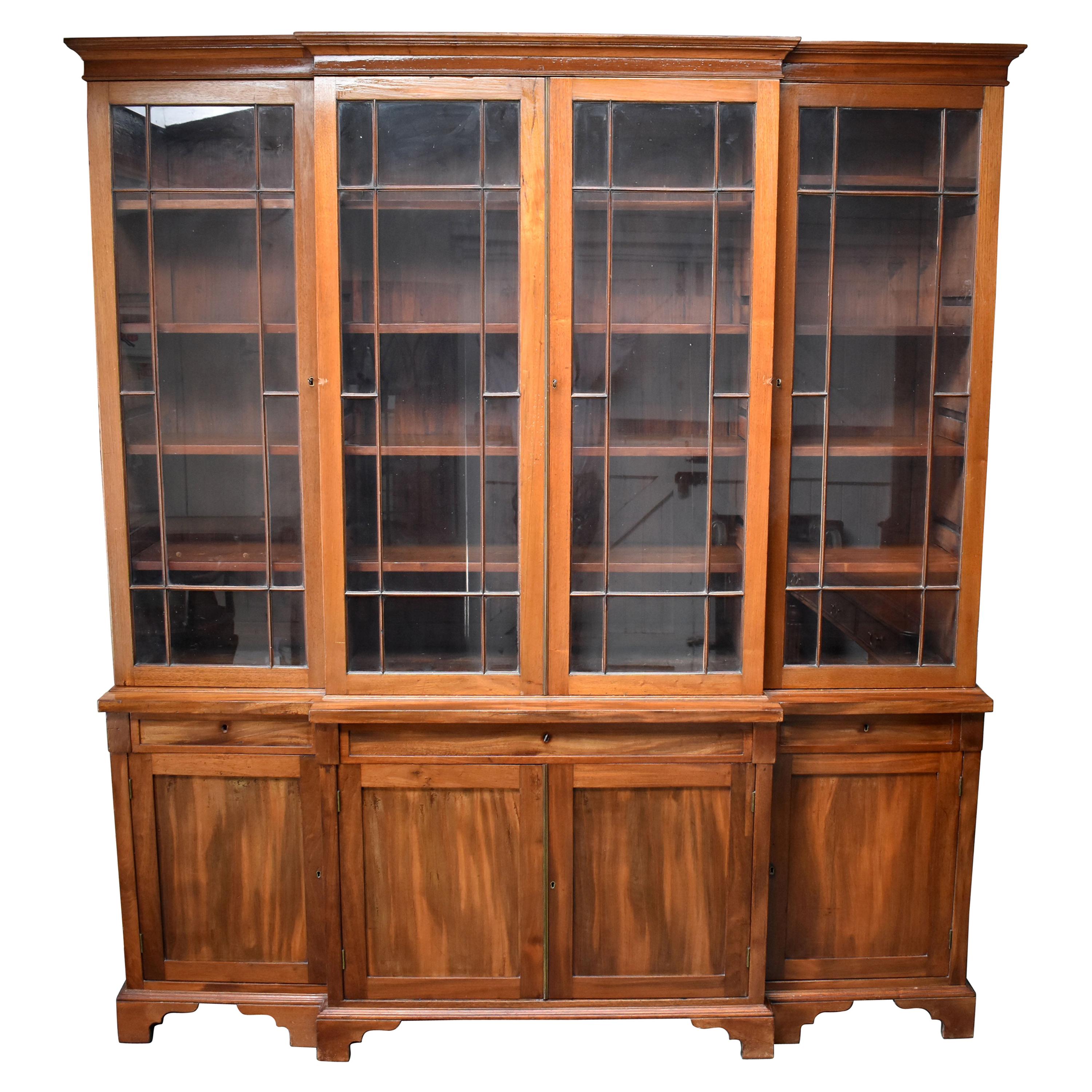 Imposing Victorian Pitch Pine Breakfront Bookcase c.1850 at 1stDibs