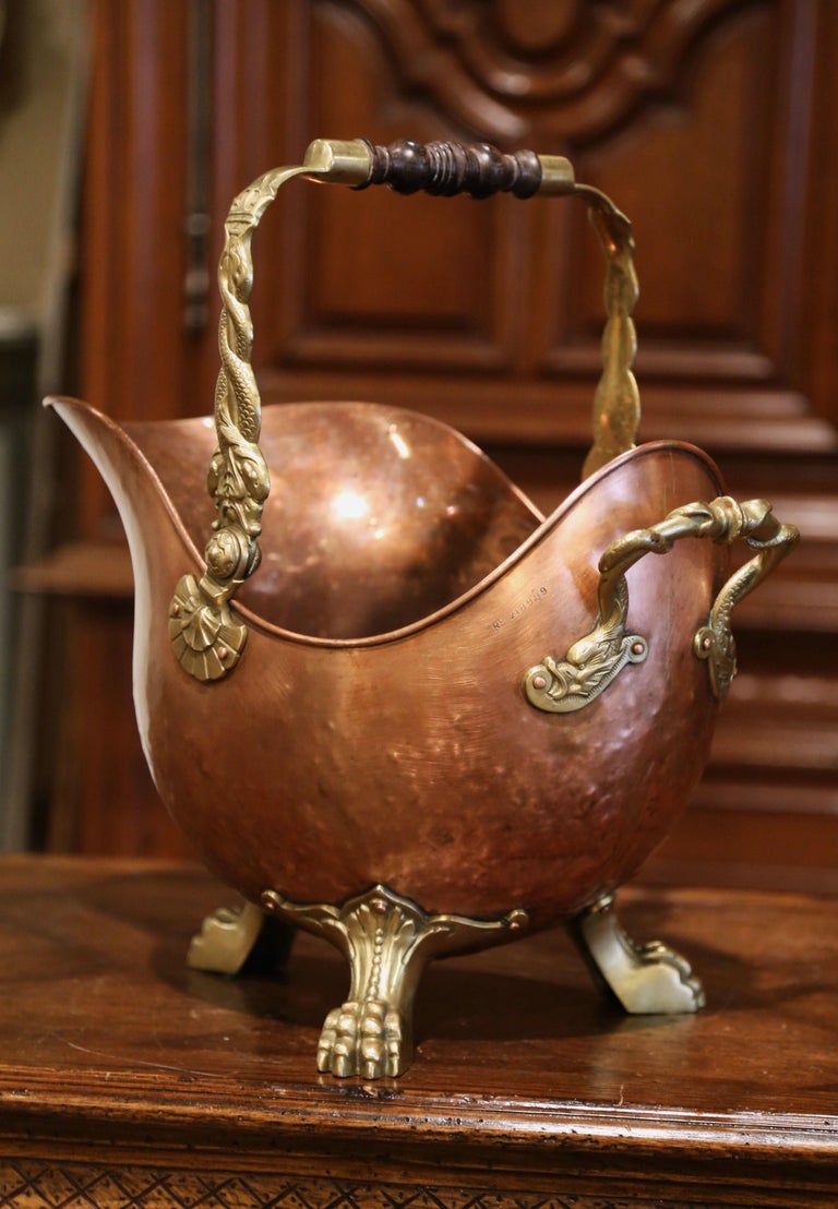 19th Century English Victorian Copper and Brass Coal Bucket with Dual ...