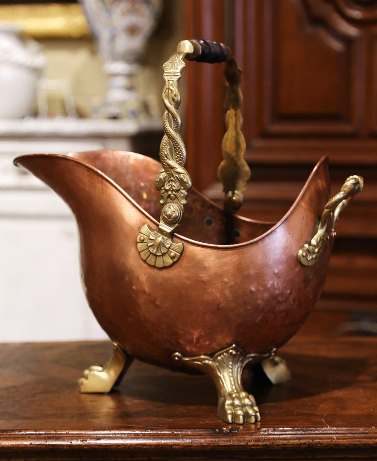 19th Century English Victorian Copper and Brass Coal Bucket with Dual ...