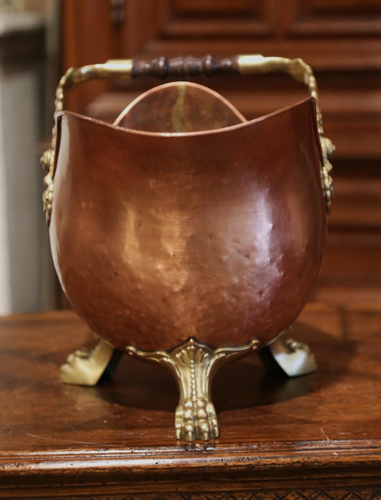 19th Century English Victorian Copper and Brass Coal Bucket with Dual ...