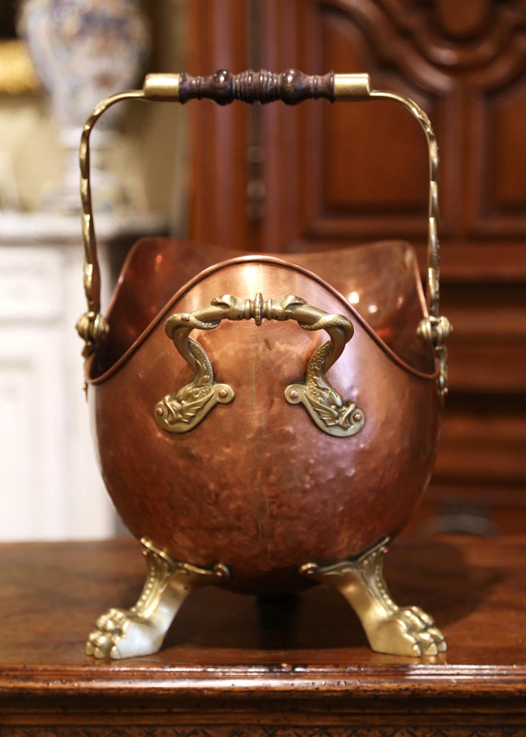 19th Century English Victorian Copper and Brass Coal Bucket with Dual ...