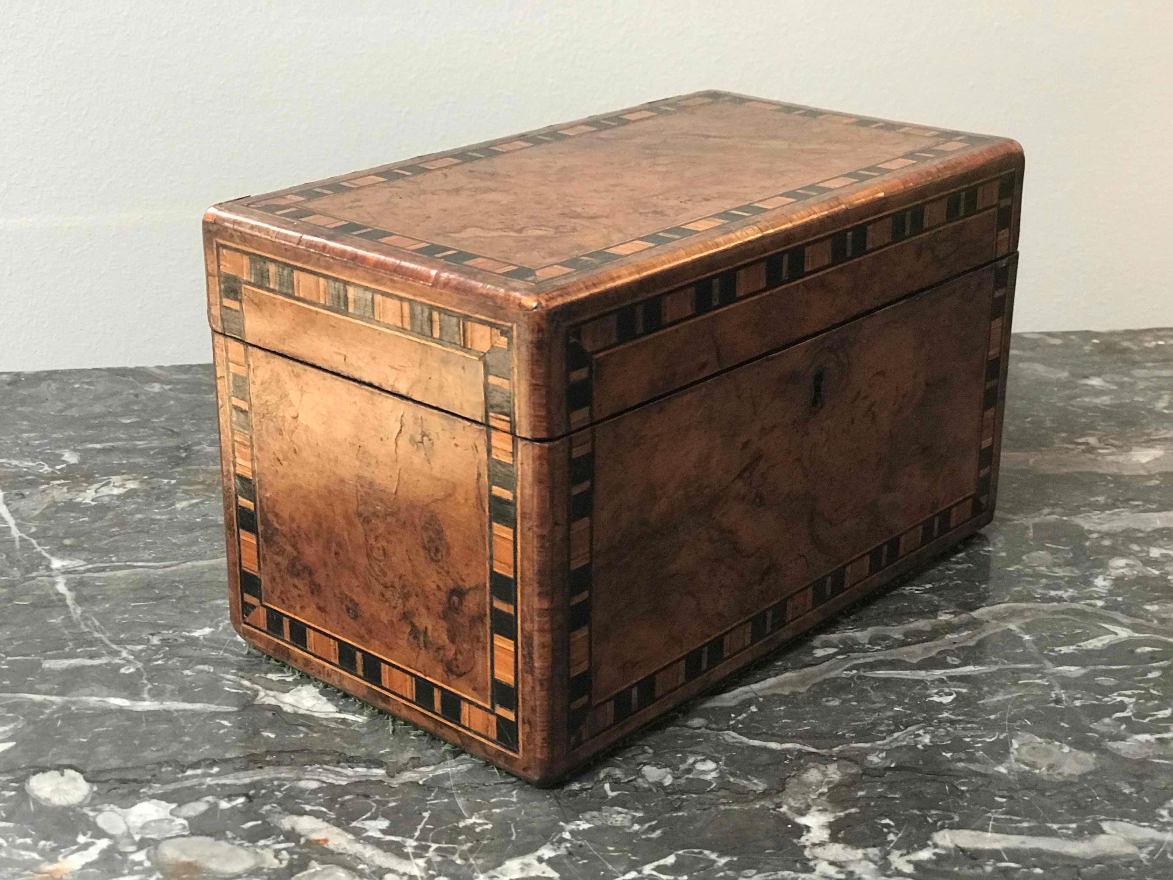 19th Century English Walnut Tea Caddy Box with Inlay at 1stDibs